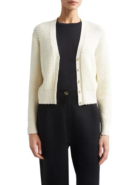 St. John Perlé Crepe Wool Blend Cardigan - Ecru
