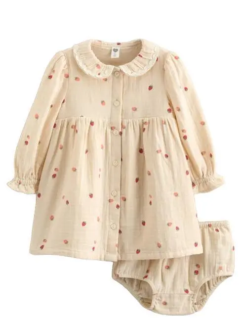 Nordstrom Button Front Long Sleeve Dress And Bloomers Set - Ivory Whitecap Strawberry Dots