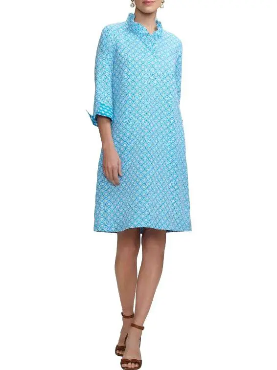 Foxcroft Cotton Tammy Geo Lattice Shirt Dress - Blue/white