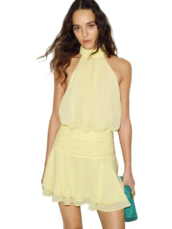 REFORMATION Karla Halterneck Mini Dress With Drop Waist And Ruching - Yellow