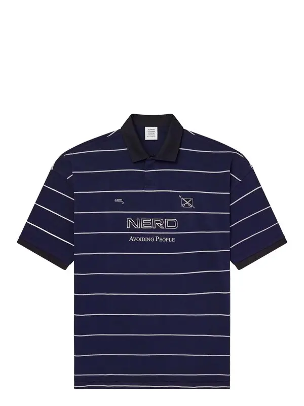 Vetements Nerd Embroidered Striped Cotton-jersey Polo Shirt - Navy