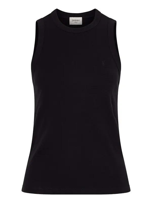 Saint Laurent Embroidered Ribbed Cotton Tank - Black