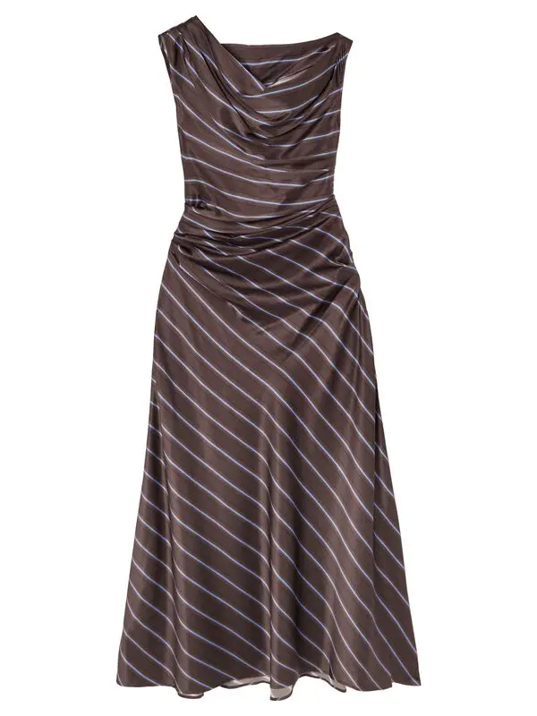 Staud Phare Draped Striped Stretch-silk Midi Dress - Brown