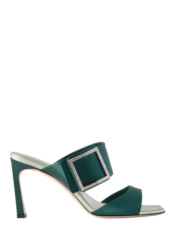 ROGER VIVIER Trompette 85 Crystal-embellished Satin Mules - Forest Green
