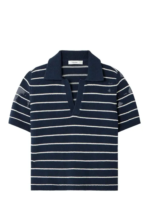 FRAME Striped Cotton-blend Polo Shirt - Blue
