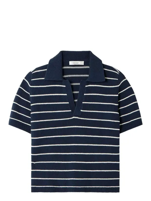 FRAME Striped Cotton-blend Polo Shirt - Navy