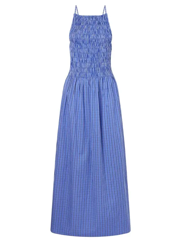 Faithfull The Brand Laia Shirred Checked Cotton-poplin Maxi Dress - Blue