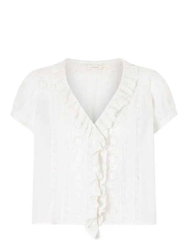DÔEN Clairette Cropped Ruffled Lace-trimmed Organic Cotton-voile Top - White