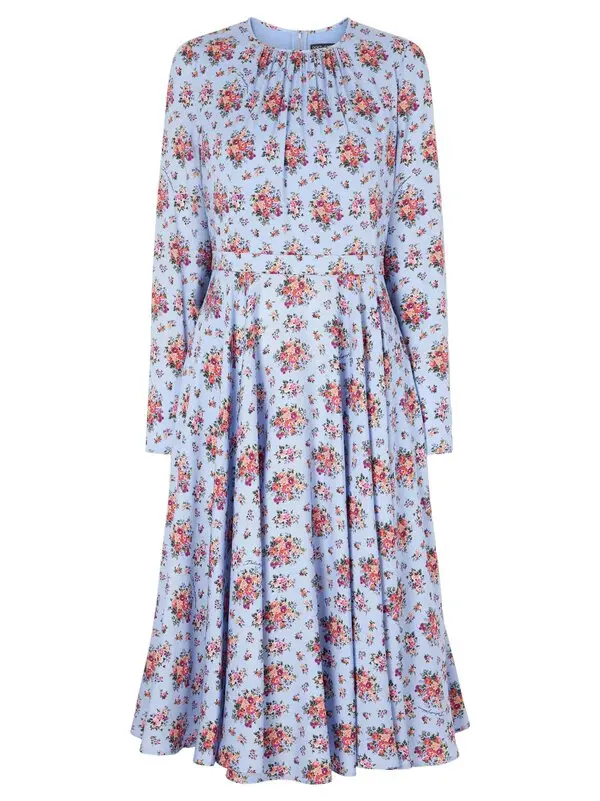 Dolce & Gabbana Belted Gathered Floral-print Silk-blend Midi Dress - Light Blue