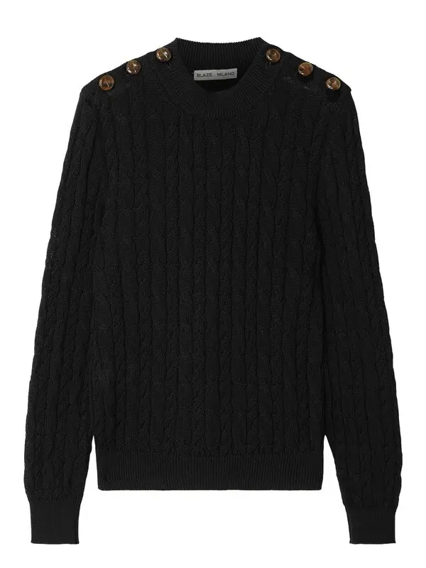 BLAZÉ MILANO Button-embellished Cable-knit Cotton Sweater - Black