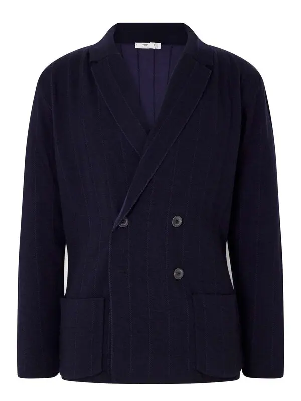 Inis Meáin Double-breasted Striped Wool, Cashmere And Cotton-blend Blazer - Navy