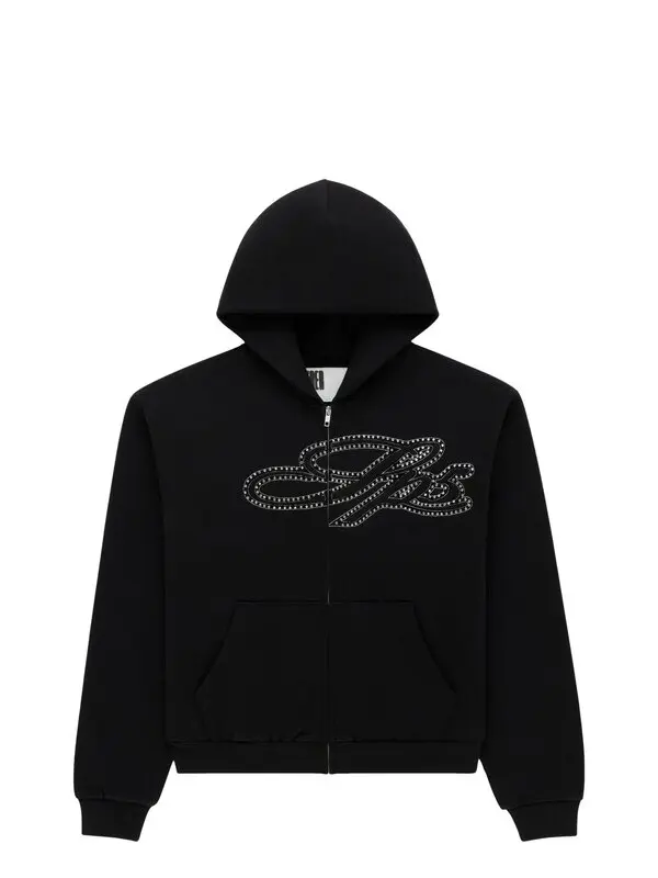 SP5DER Rhinestone Script Full Zip Hoodie - Black