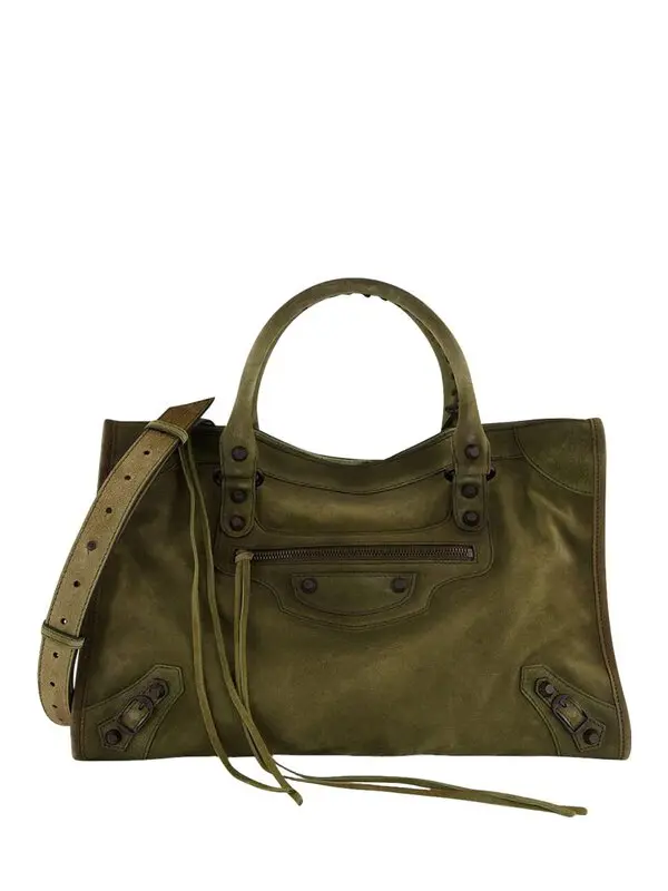 Balenciaga Le City Bag Medium In Suede Calfskin - Green