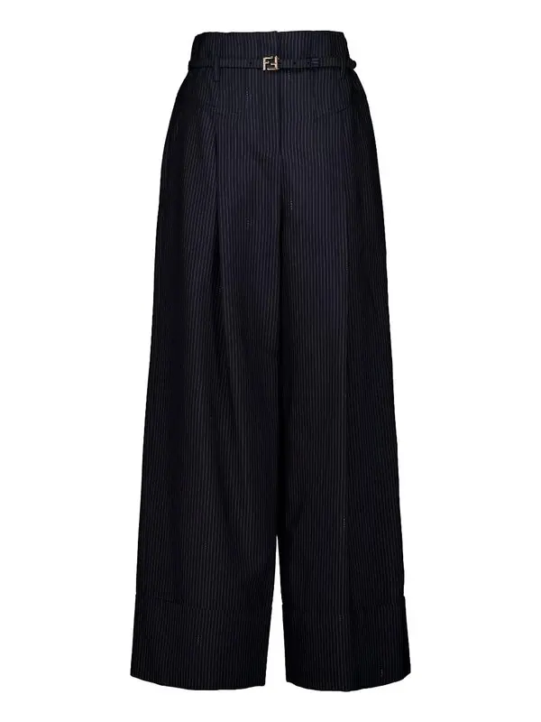 Fendi Pinstriped Wool Wide Leg Trousers - Blue