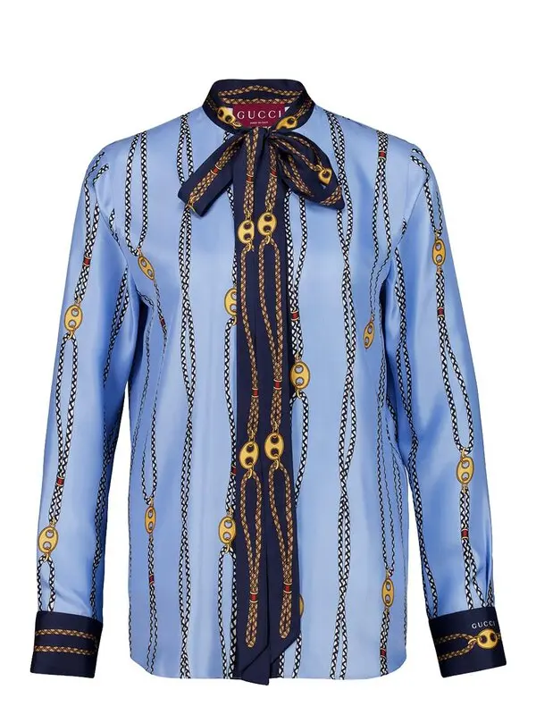 Gucci Marina Chain Print Silk Twill Shirt - Blue
