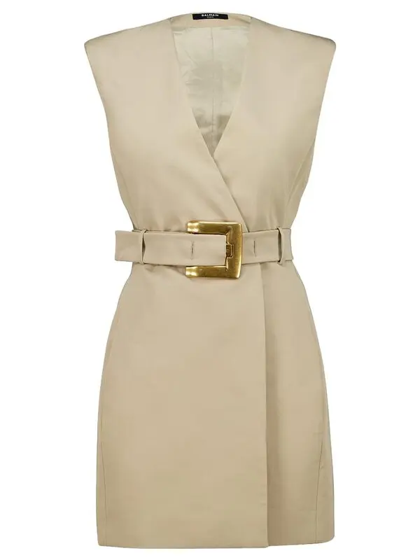 Balmain Gabardine Cotton Belted Mini Dress - Beige