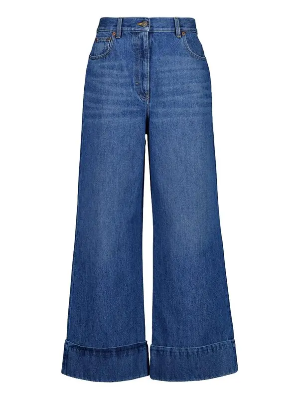 Valentino Garavani Denim Wide Leg Trousers With Cuffs - Blue