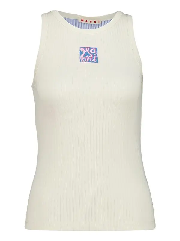 Marni Ribbed Cotton Tank Top With Logo - Cream