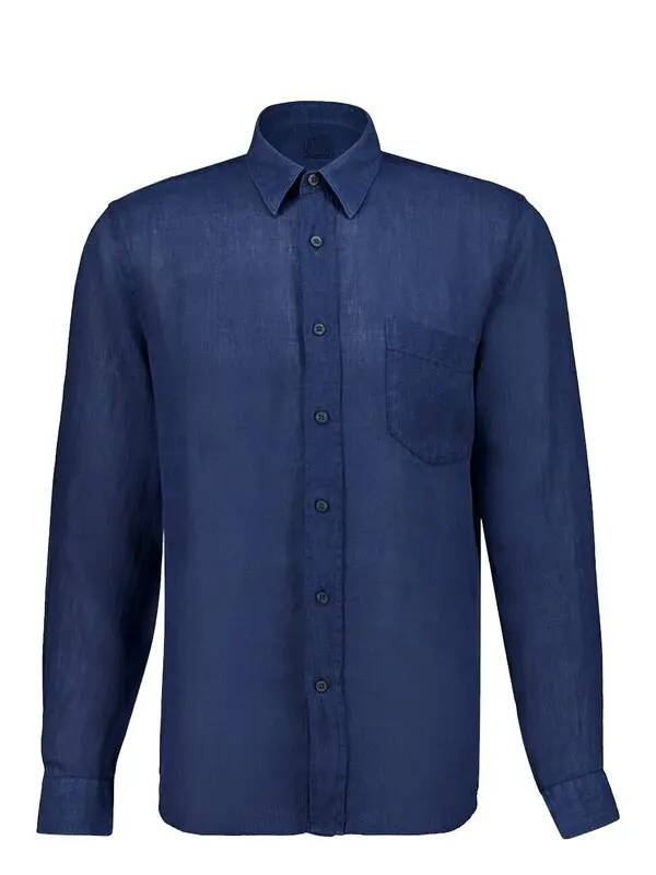 120% Lino Navy Linen Long-sleeved Shirt - Blue