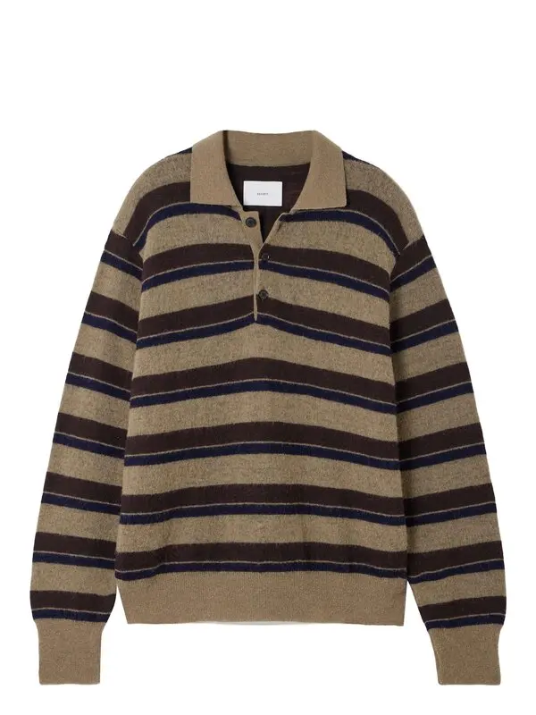 SSSTEIN Striped Brushed Knitted Polo Sweater - Light Brown