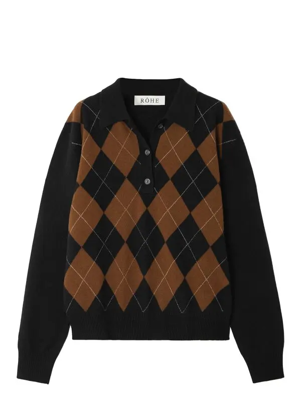 RÓHE Argyle Wool Polo Sweater - Black