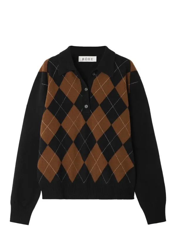RÓHE Argyle Wool Polo Sweater - Black