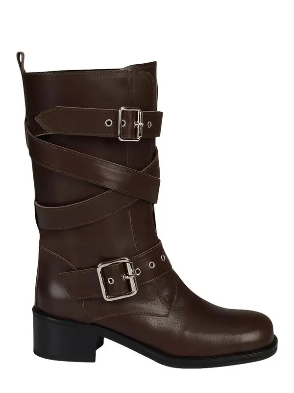 SALONDEJU Belted Midi Boots - Brown