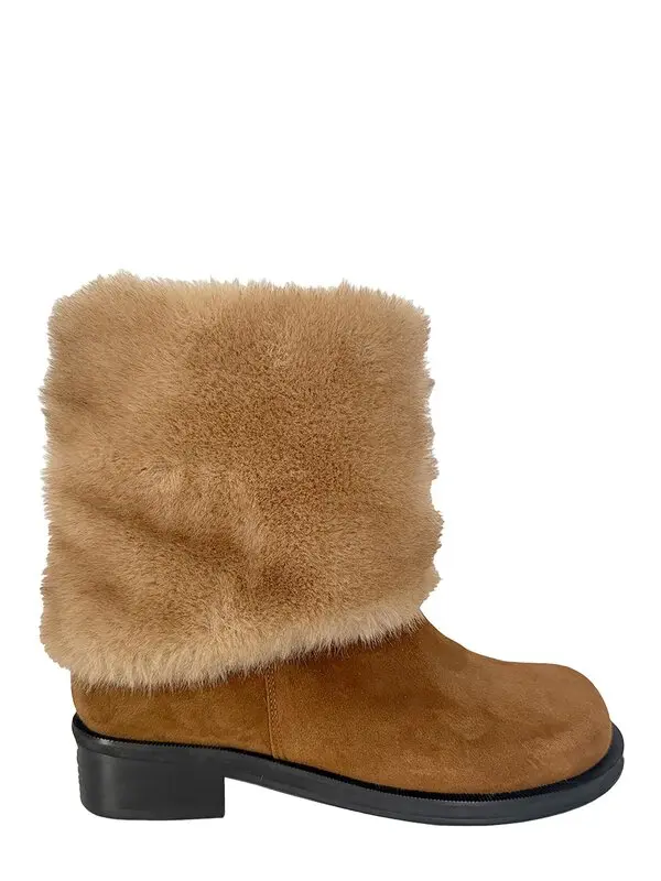 SALONDEJU Volume Mid Fox Fur Boots - Brown