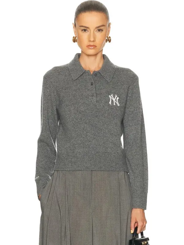 SPORTY & RICH Heritage Yankees Serif Cashmere Polo Sweater - Dark Grey