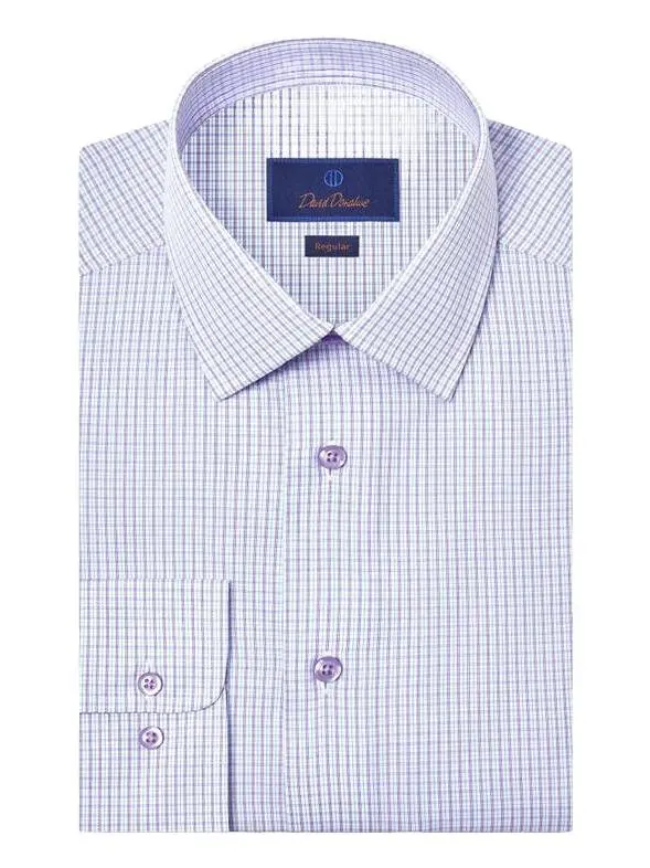David Donahue Regular Fit Check Cotton Poplin Dress Shirt - White/purple