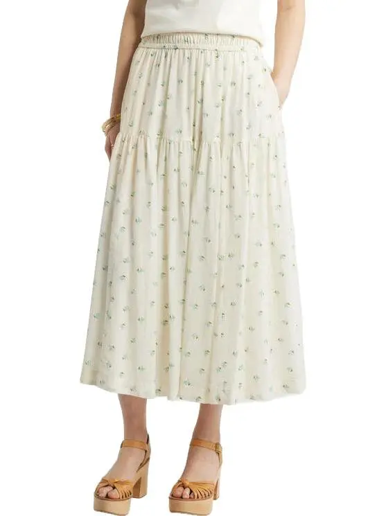 Treasure & Bond Cotton Maxi Skirt With Smocked Waist - Ivory- Blue Garden Ditsy