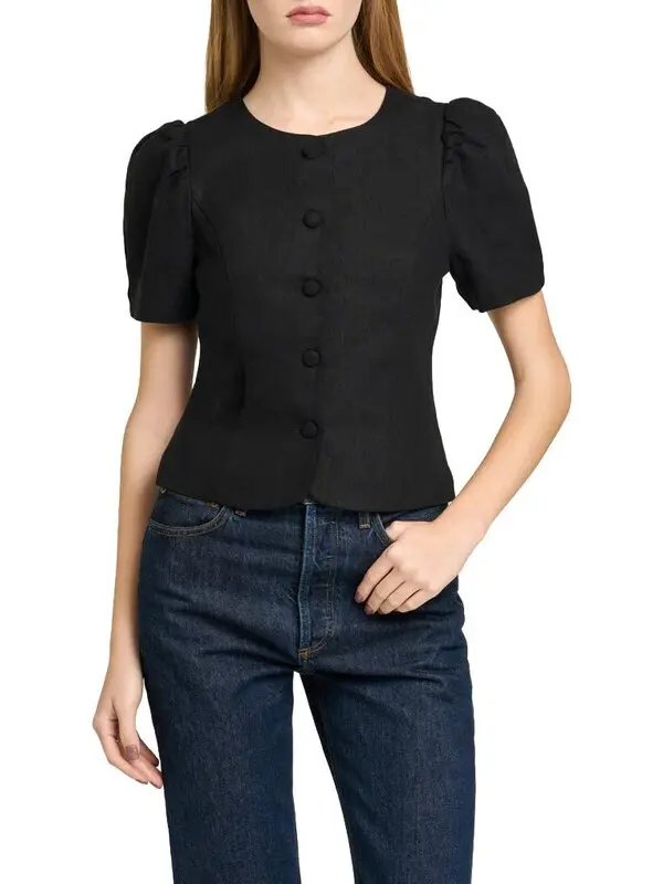 WAYF Blair Button-front Linen-blend Top - Black