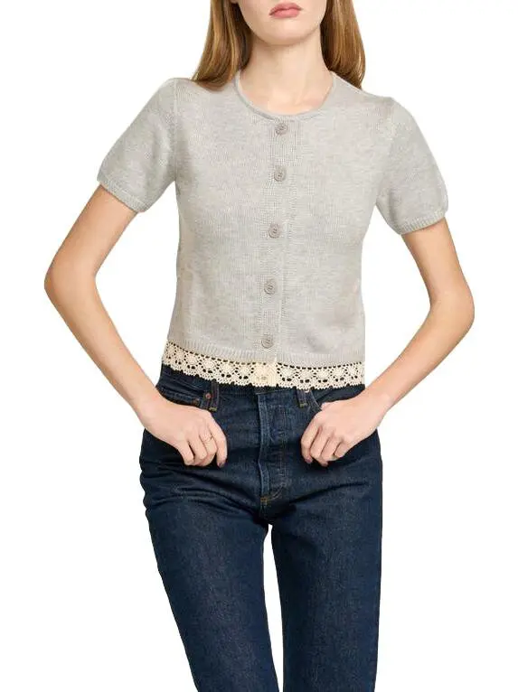 WAYF Carine Lace Trim Button-front Cardigan - Light Heather Grey