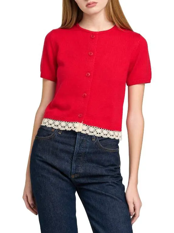 WAYF Carine Lace Trim Button-front Cardigan - Red