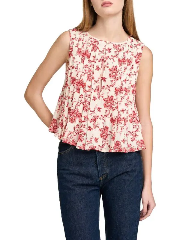 WAYF Romy Floral Pleated Top - Red Toile