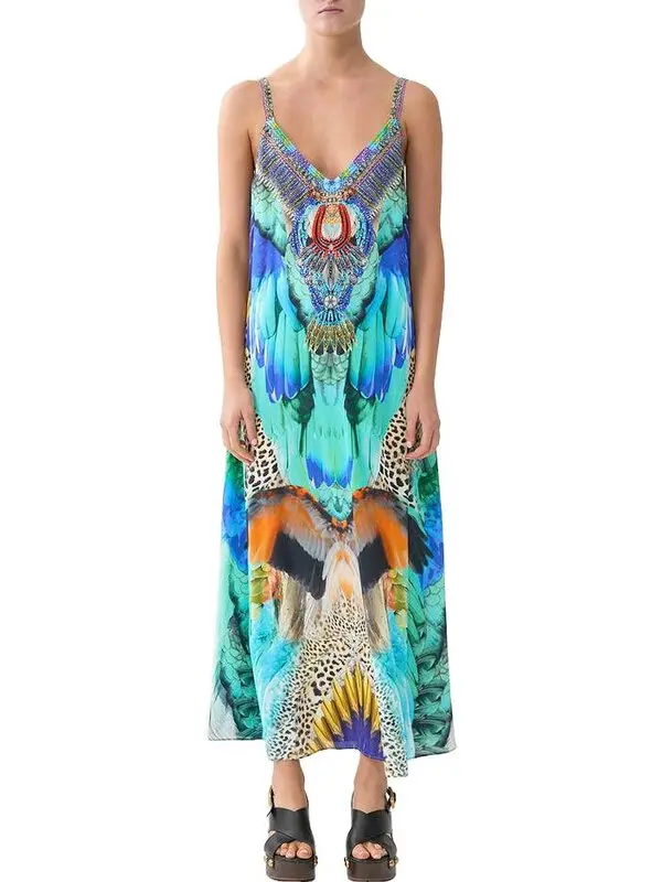 Camilla V Neck Midi Slip Dress - Jungle Flight