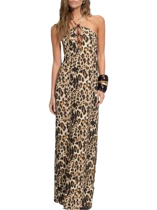 Agua Bendita Elise Print Keyhole Halter Cover-up Maxi Dress - Leopard