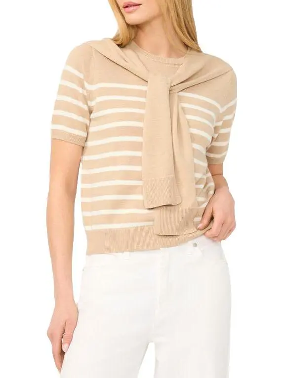 Halogen Stripe Shoulder Wrap Short Sleeve Sweater - Malted Taupe