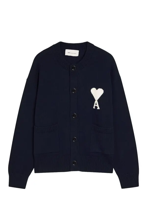 Ami Logo Intarsia Wool-blend Cardigan - Navy