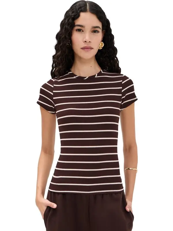 STATE & LAKE Striped Ribbed Jersey Iris Tee - Chocolate/off White