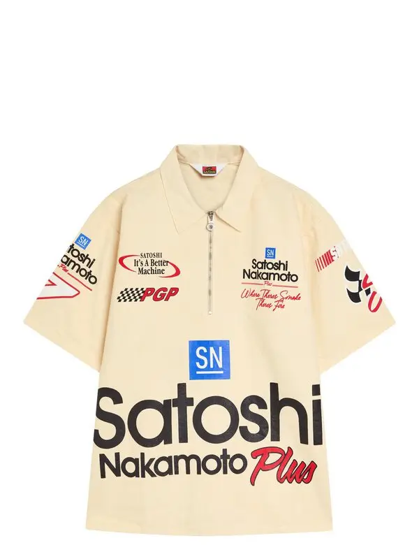SATOSHI NAKAMOTO Mechanic Printed Canvas Polo Shirt - Cream
