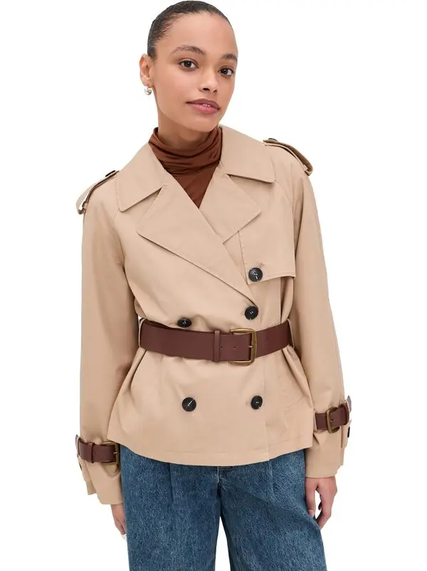 Avec Les Filles Short Trench Coat With Leather Belt - Camel