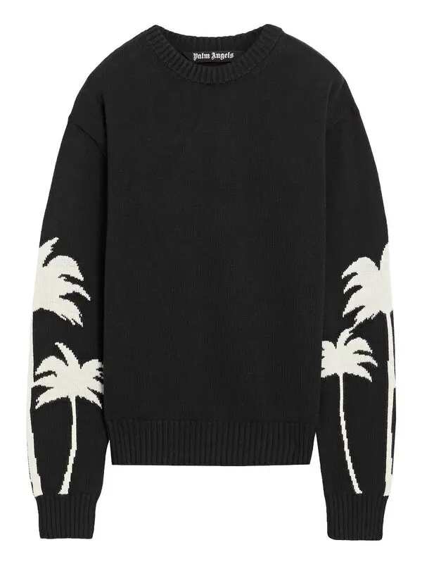 Palm Angels Jacquard-knit Cotton And Merino Wool-blend Sweater - Black