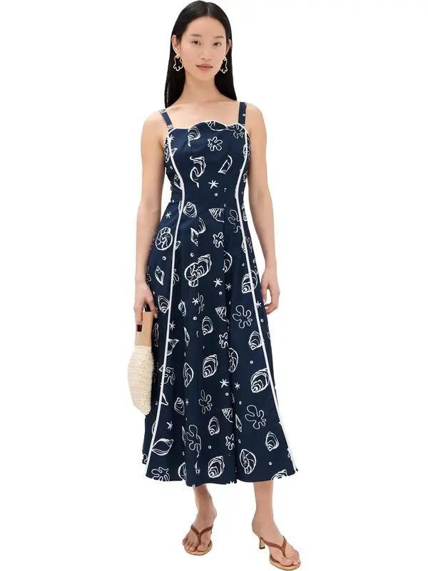 Moon River Scalloped Midi Dress - Navy Multi