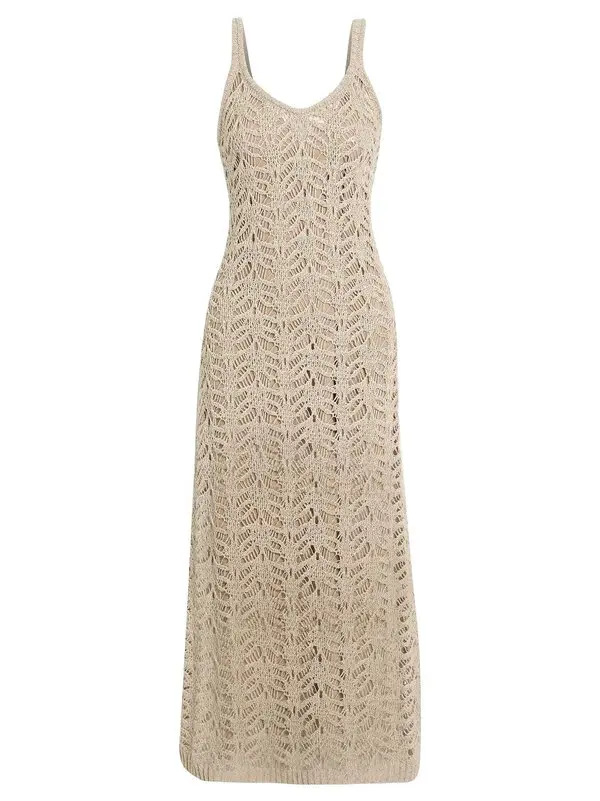 Brunello Cucinelli Sequin-embellished Open-knit Linen-blend Midi Dress - Mushroom