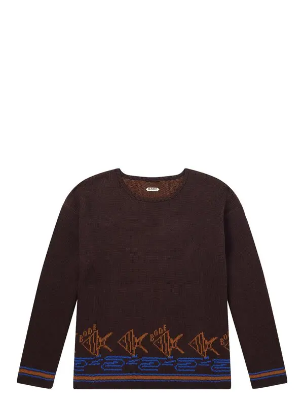 BODE Fish School Intarsia-knit Cotton Sweater - Brown