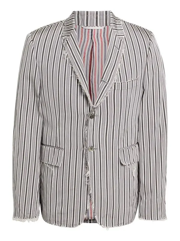 Thom Browne Frayed Striped Silk And Cottonblend Faille Blazer - Gray