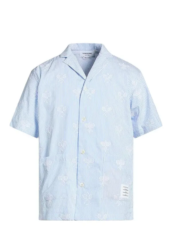 Thom Browne Embroidered Striped Seersucker Shirt - Light Blue