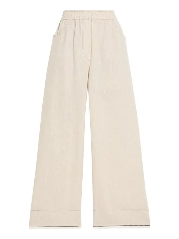 Brunello Cucinelli Linen Wide-leg Pants With Bead Embellishments - Ecru