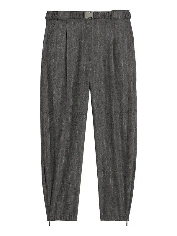 Brunello Cucinelli Cropped Metallic Striped Flannel Tapered Pants With Belt - Dark Gray